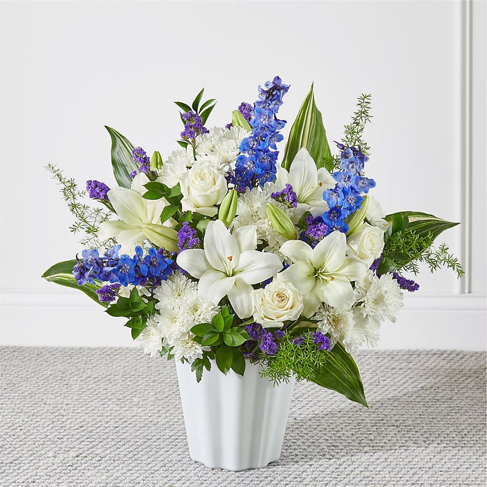 Take Comfort Floor Basket – blue, white flower arrangement | Muncie, IN ...